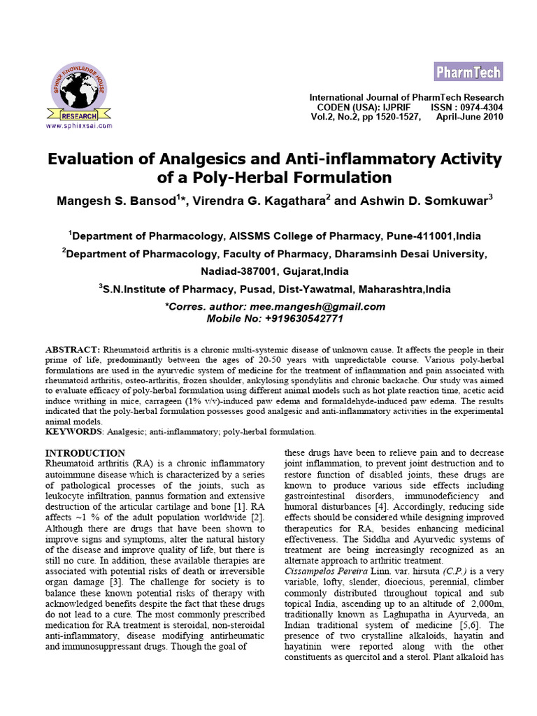 Evaluation of Analgesics and Anti-Inflammatory Activity of A Poly ...
