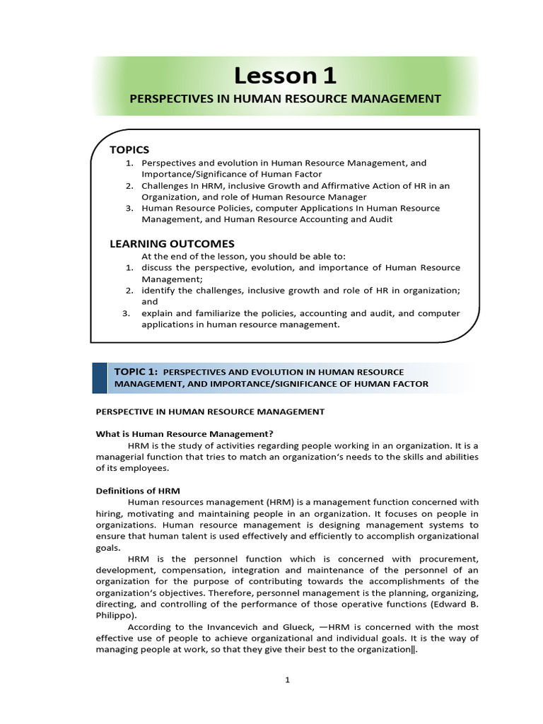 Lesson 1 - HRM - 1st Sem AY 2024 2025 | PDF