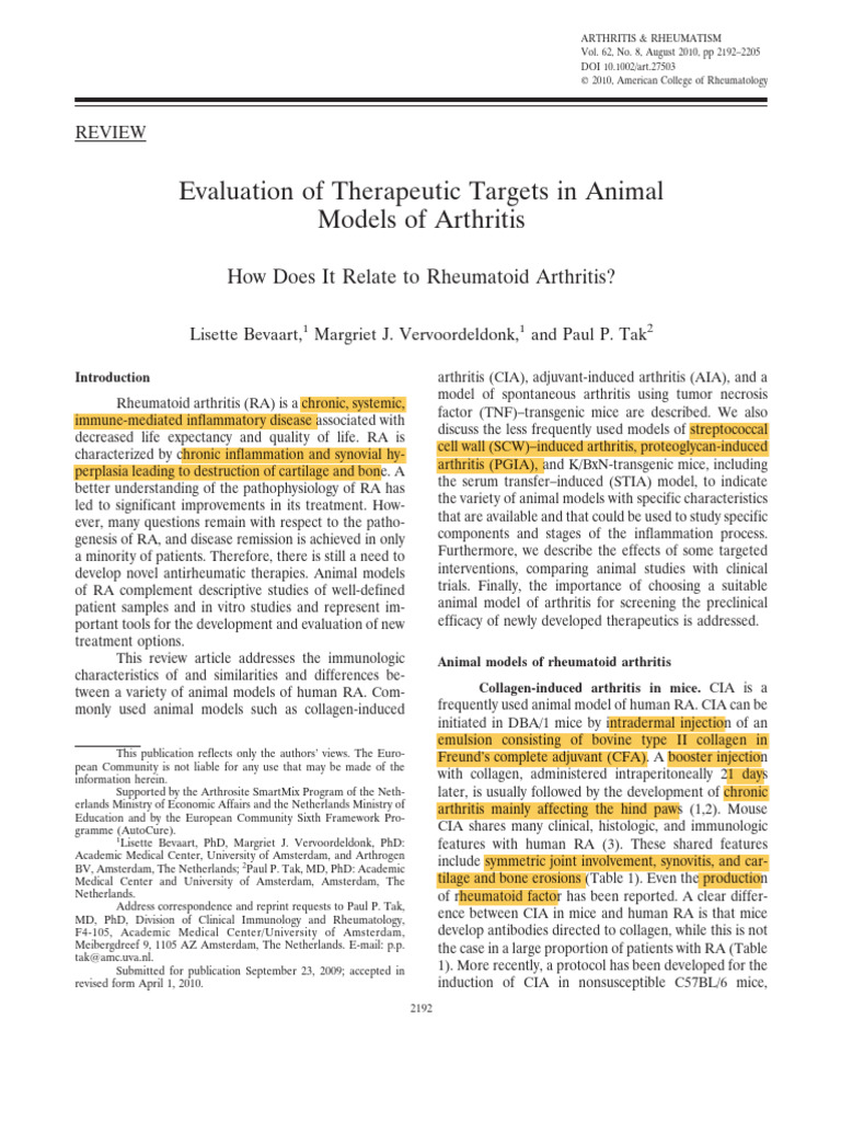Evaluation of Therapeutic Targets in Animal Models of Arthritis How ...