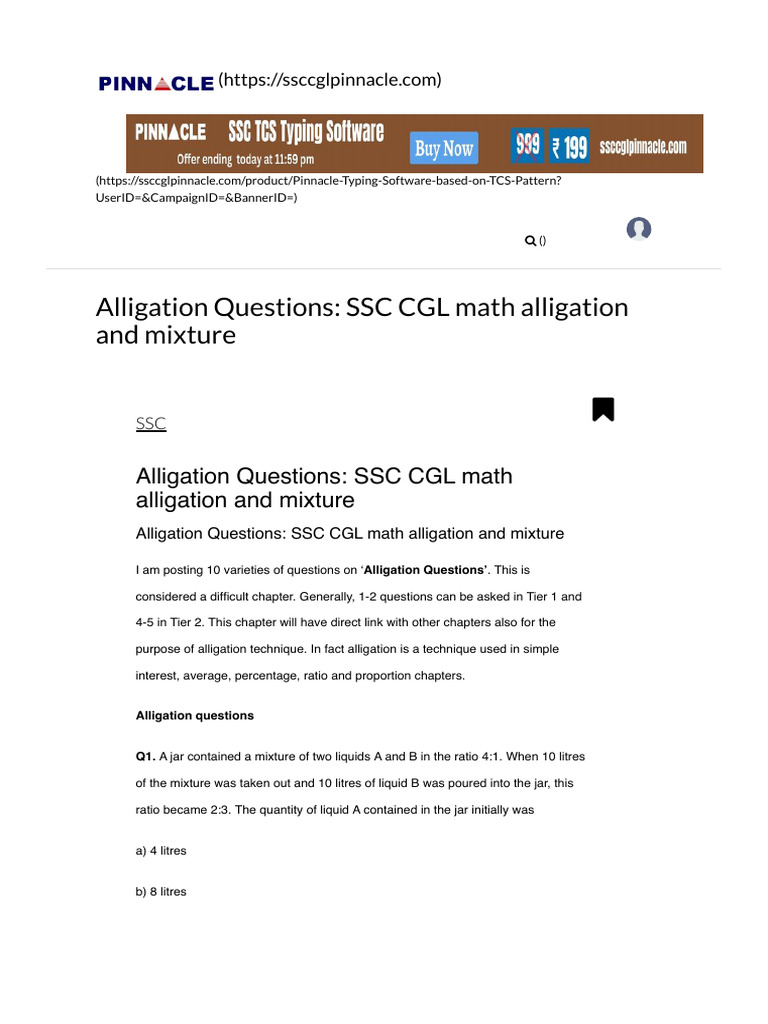 Alligation Questions Ssc Cgl Math Alligation And Mixture Pdf Ratio