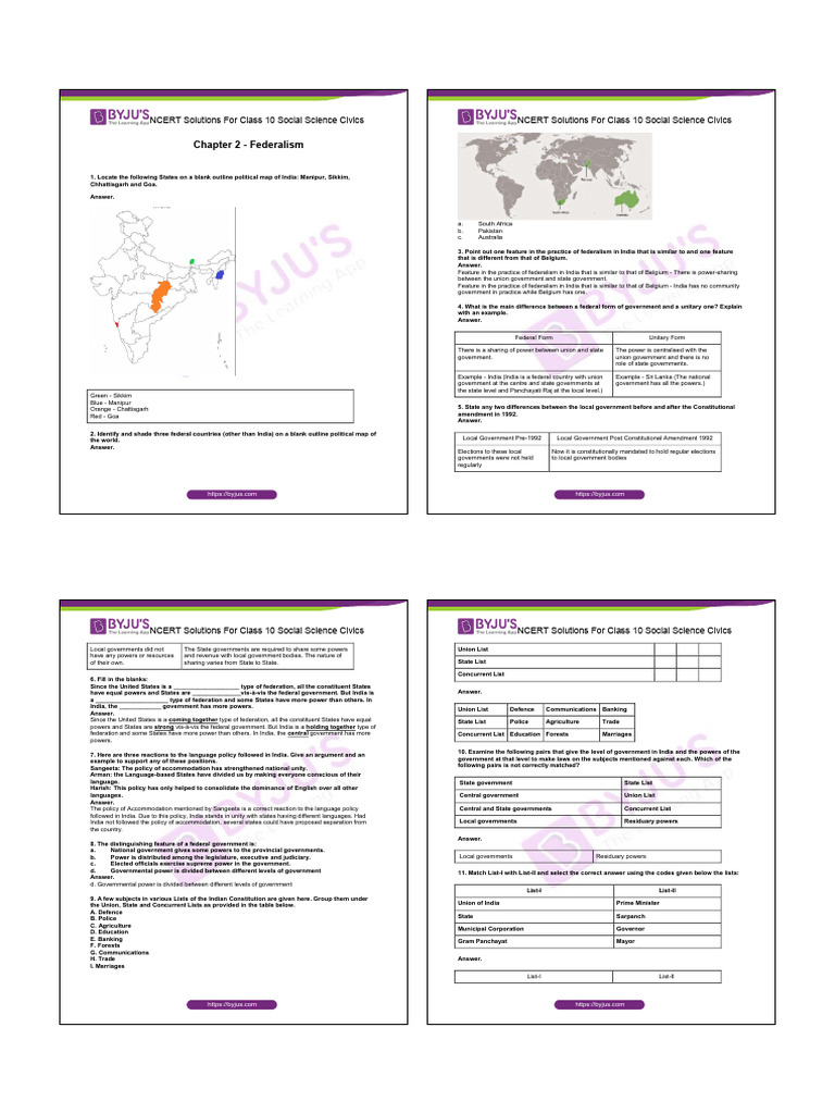 NCERT Class 10 Social Science Civics Solutions Chapter 2 Federalism | PDF