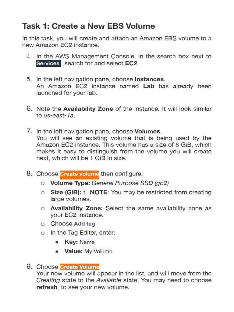 Task 1: Create A New EBS Volume: EC2 Instances Lab | PDF
