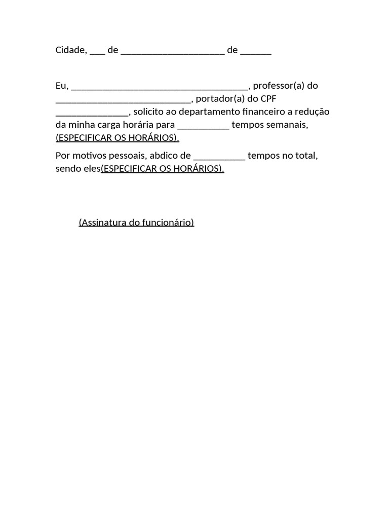 Modelo de Carta de Pedido de Redução de Horario | PDF
