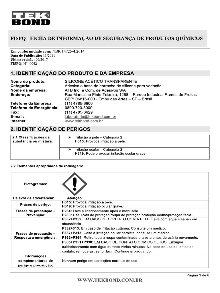Fispq n.0042 Silicone Acetico Transparente Rev 06 17 Ghs | PDF