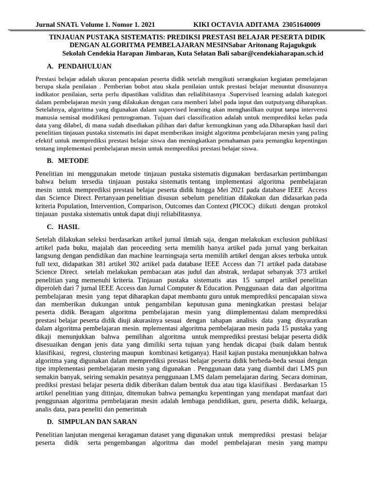 Tugas Mereview Jurnal Ai - Kiki Octavia Aditama - 23051640009 | PDF