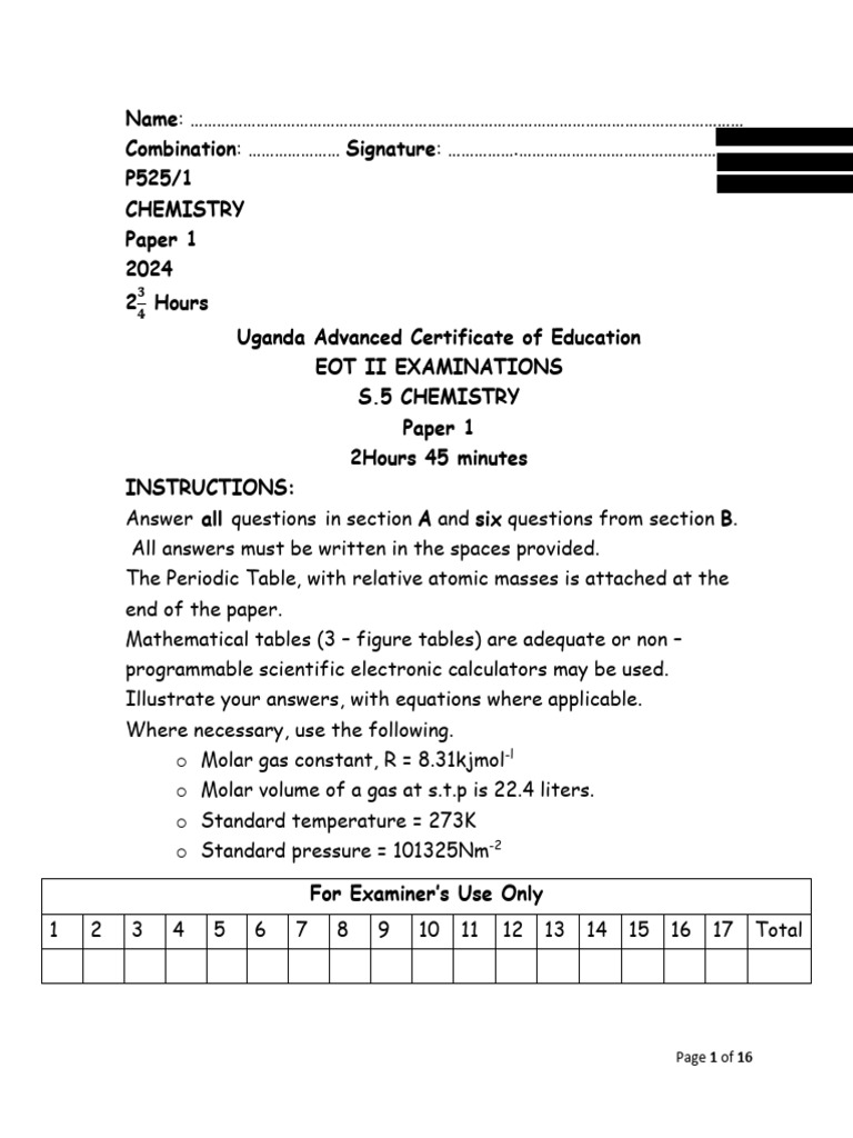 Dr. Opio s.5 Chemistry p1 Past Paper 2024 | PDF