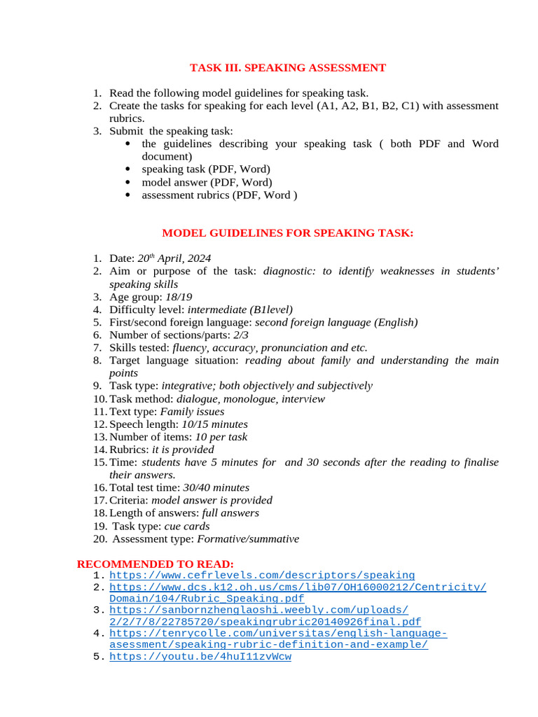Task III. Speaking Assessment | PDF Task III. Speaking Assessment | PDF