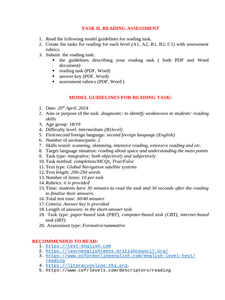 Task II. Reading Assessment | PDF