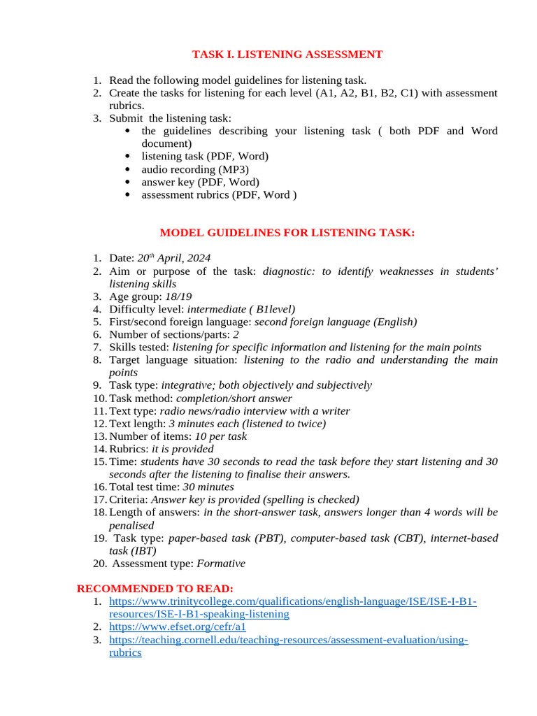 Task I. Listening Assessment | PDF