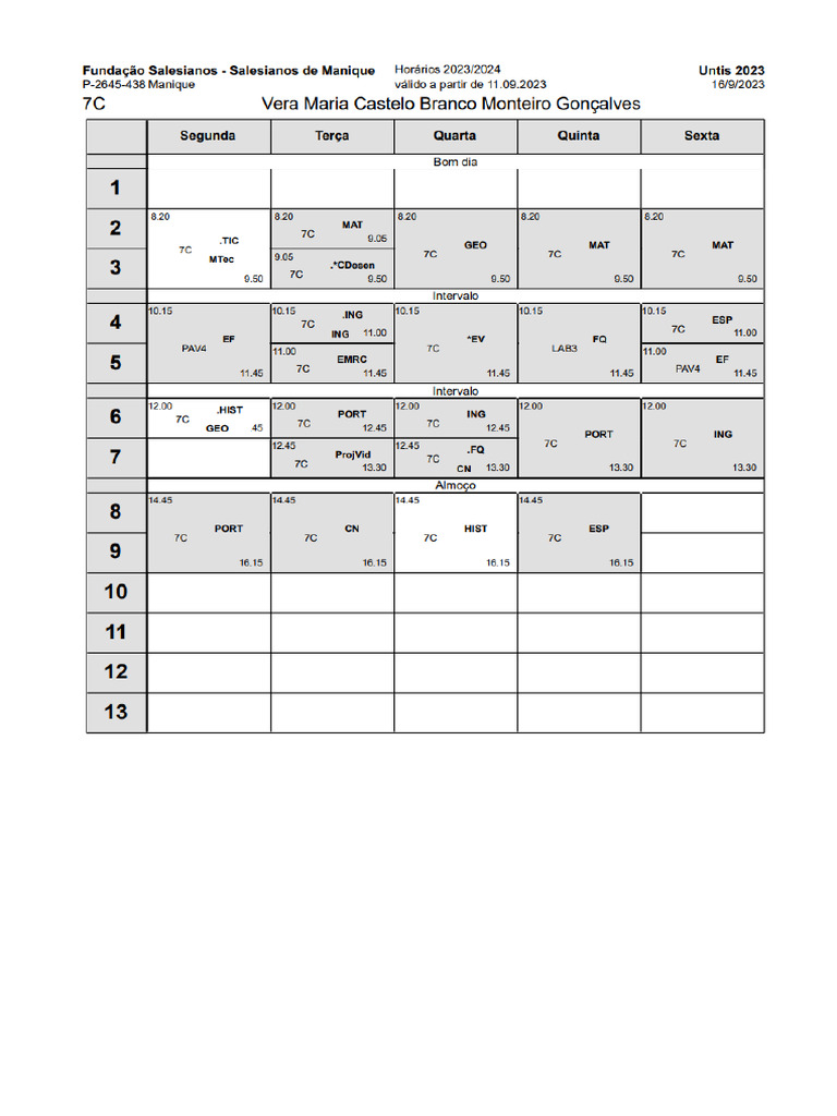 7C - Horário Da Turma - 2023 - 2024 - v02 - 18set23 | PDF