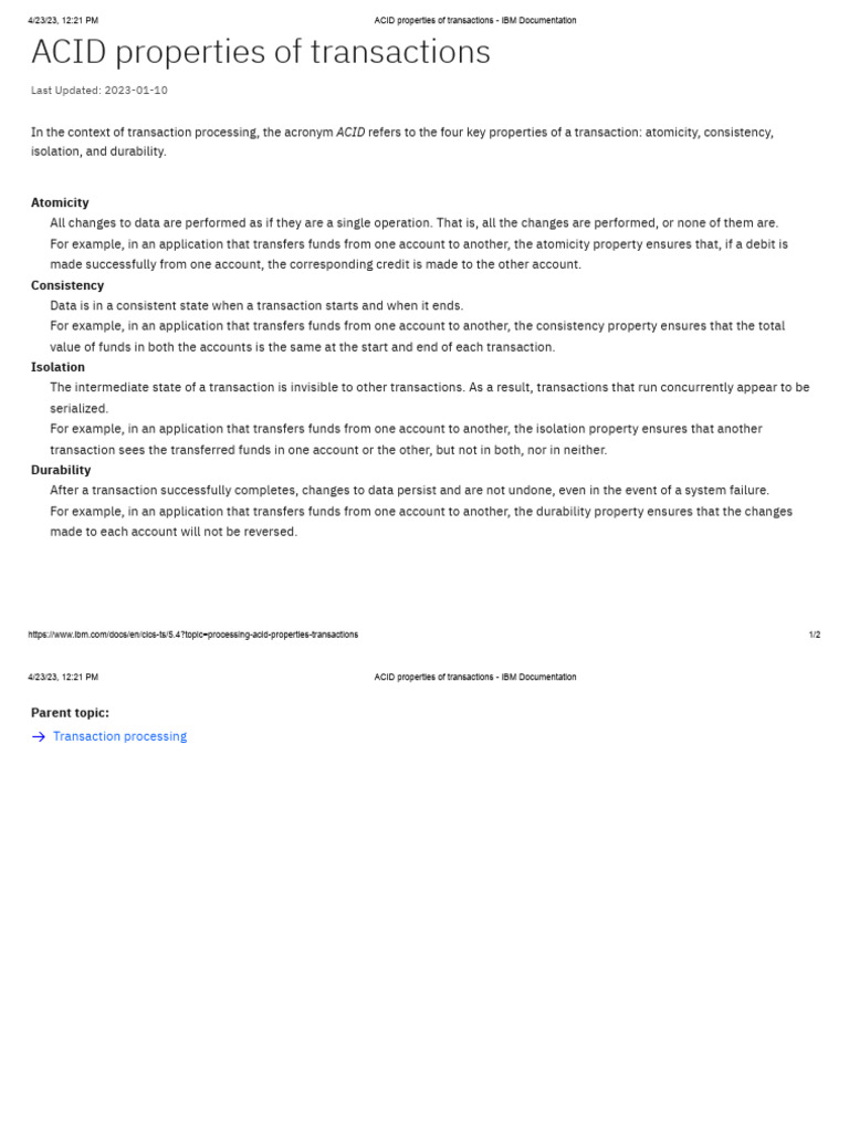 ACID Properties of Transactions - IBM Documentation | PDF