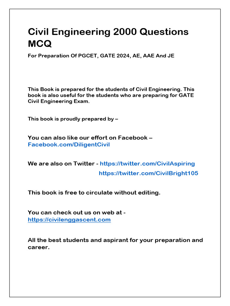 Civil Engineering 2000 MCQ Questions For GATE and PGCET | PDF | Bending ...