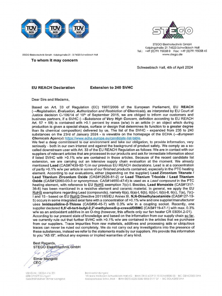 EU REACH Declaration Extension To 235 SVHC | PDF