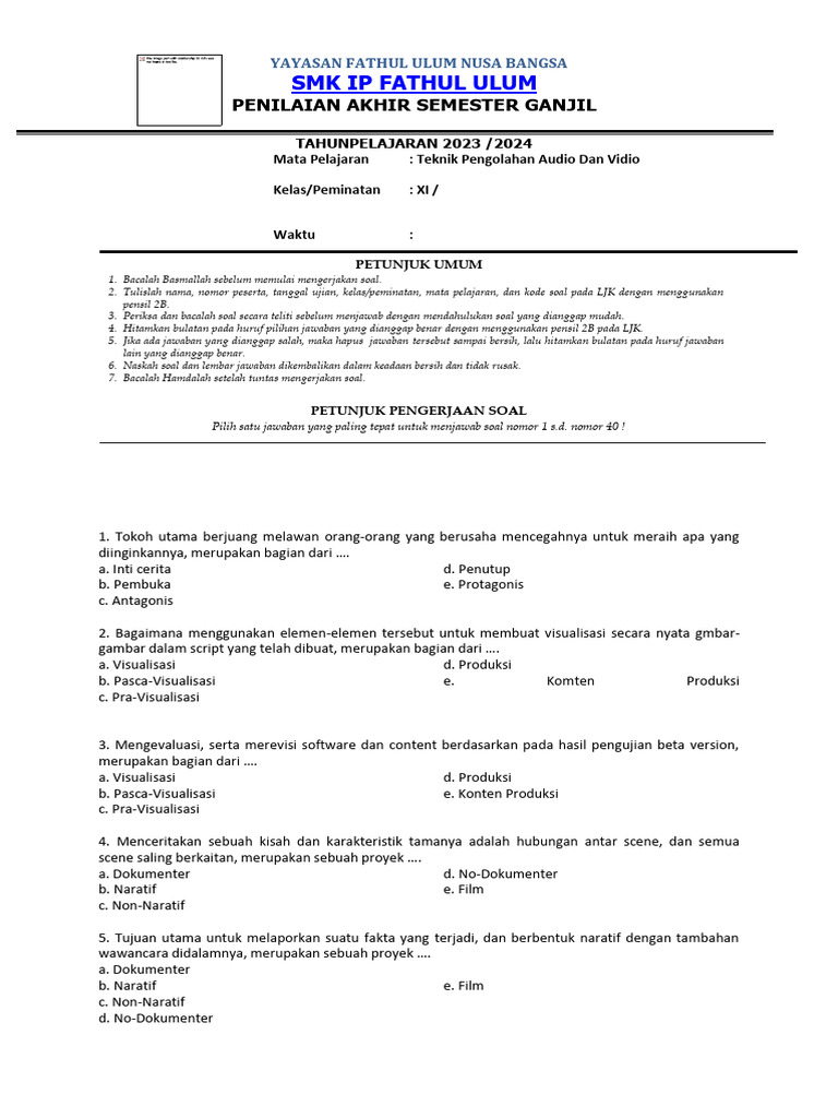 Soal - Teknik - Pengolahan - Audio - Vidio - Kelas - 11 - Fiks (1) Oke | PDF