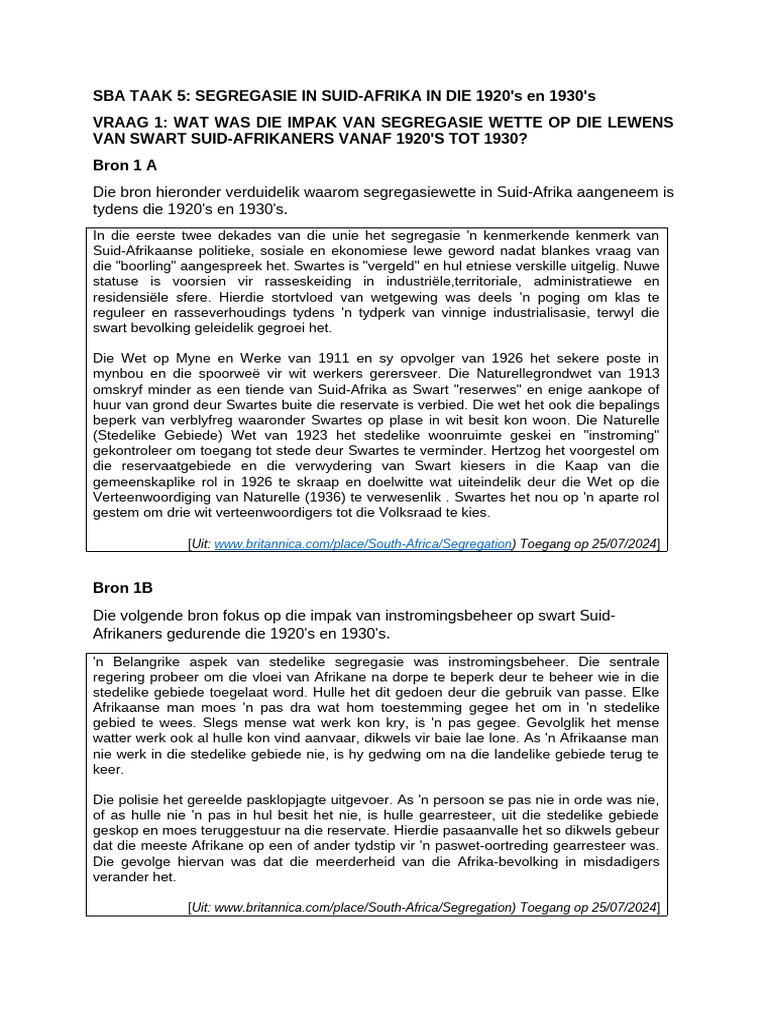 Graad 11 Geskiedenis Brongebaseerde Taak Addendum 2024 | PDF