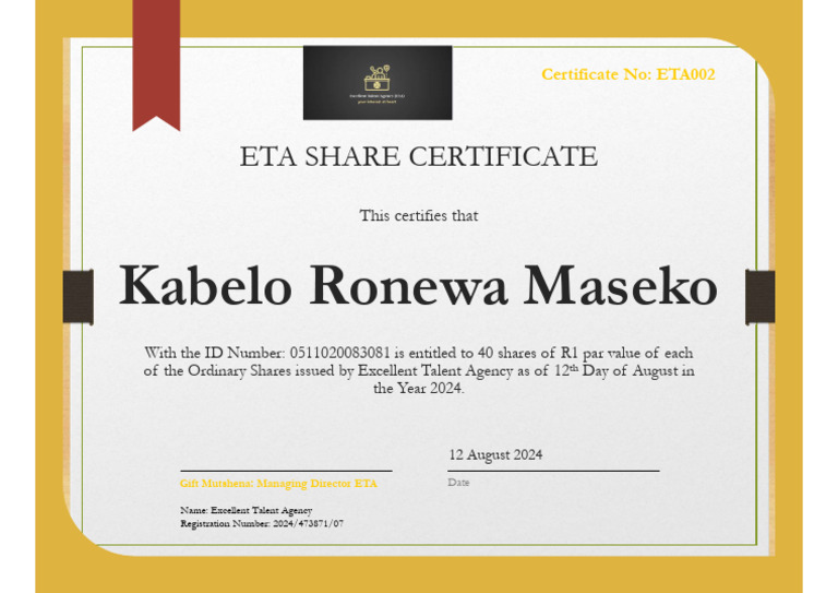 ETA SHARE CERTIFICATE-ETA002 - Kabelo | PDF