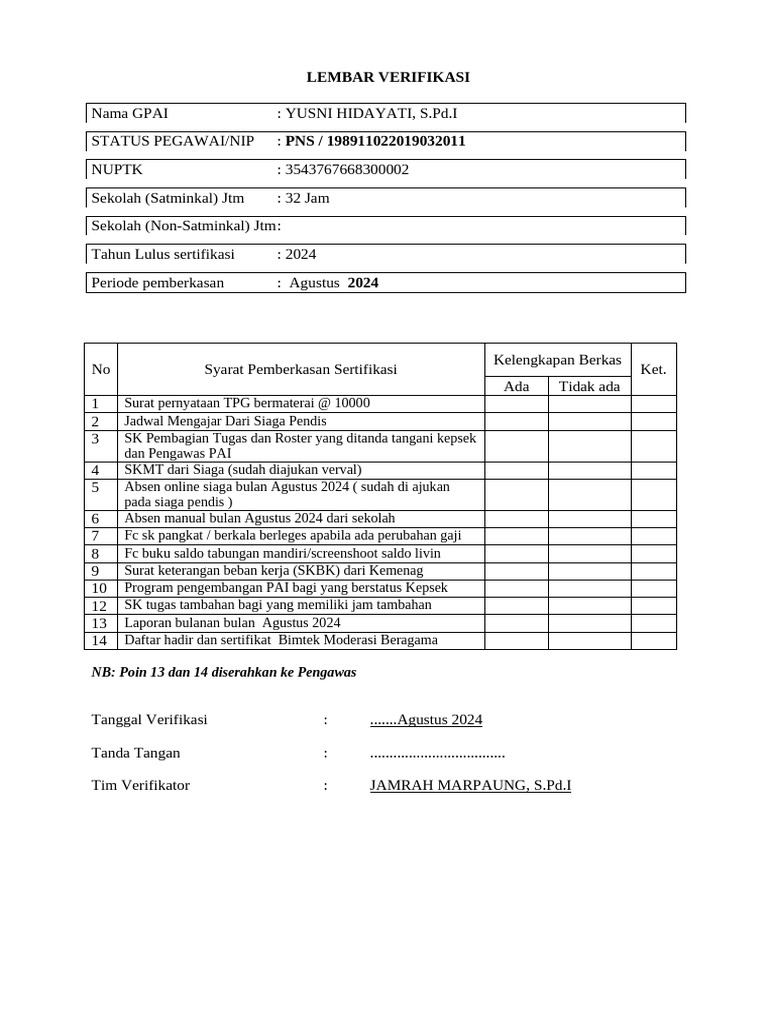 LEMBAR VERIFIKASI Agustus 2024 | PDF