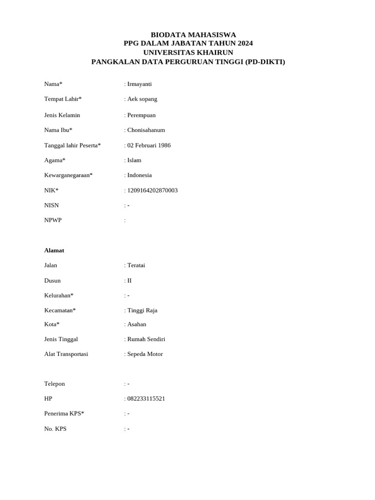 Format Biodata PDDIKTI PPG | PDF