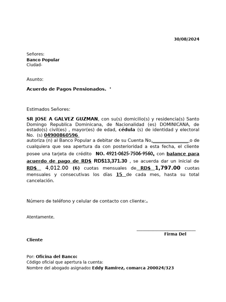 Acuerdo de Pago Pensionado RD 2024 | PDF
