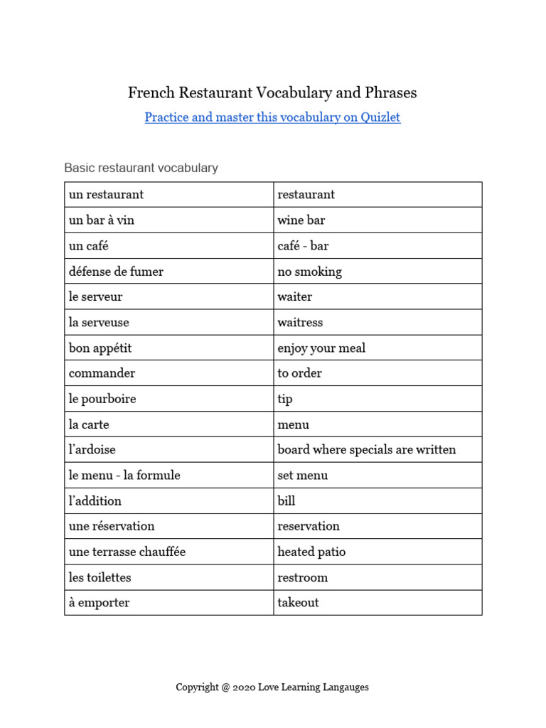 French Restaurant Vocabulary | PDF
