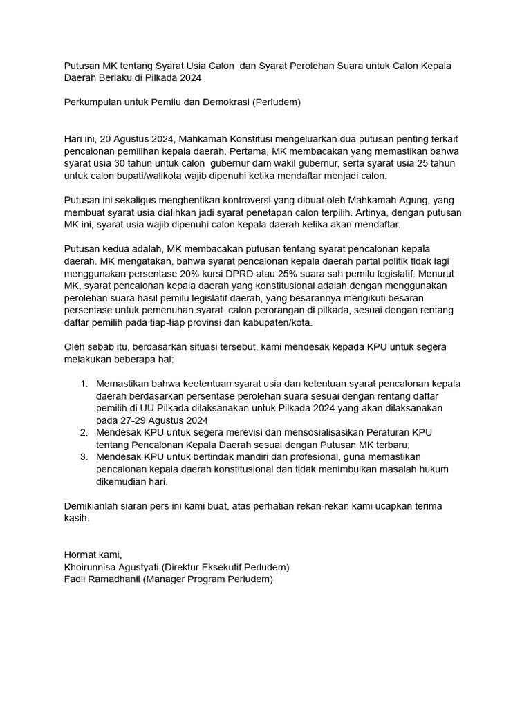Putusan MK Soal Mengembalikan Syarat Usia Dan Syaray Pencalonan Berlaku Di Pilkada 2024 | PDF