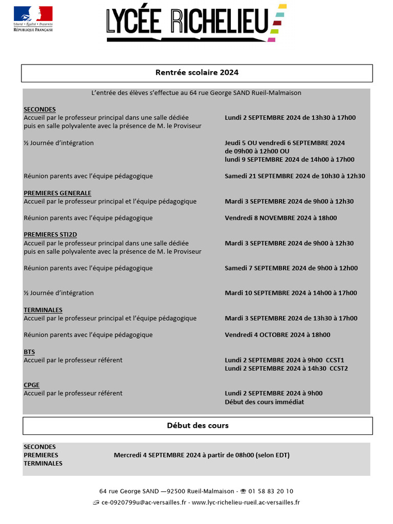 Calendrier de Rentree 2024 Des Eleves-2 | PDF