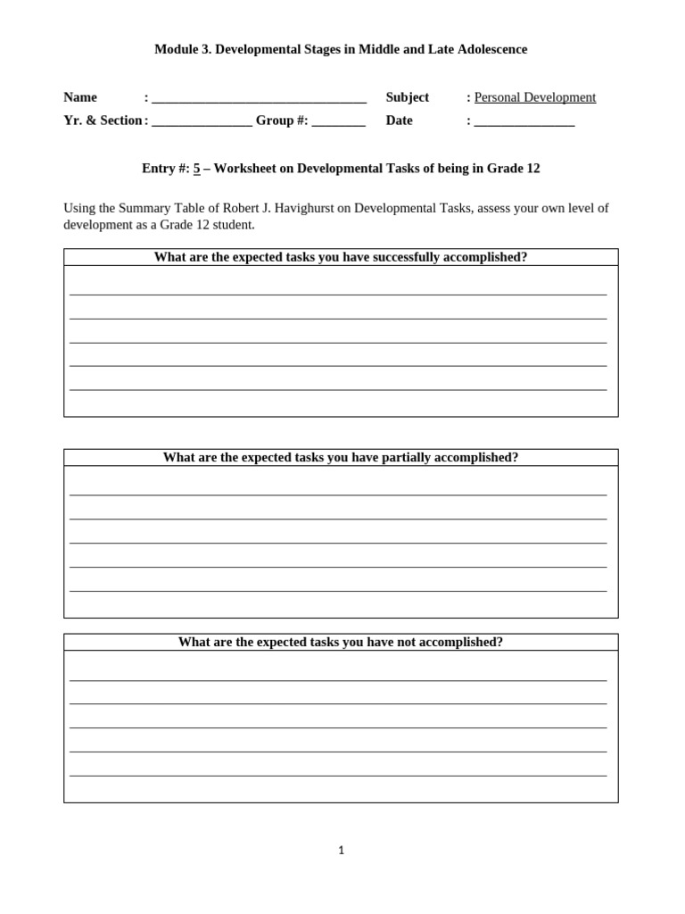 Entry 5 Worksheet On Developmental Tasks | PDF