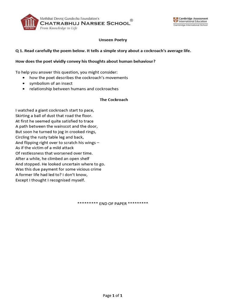 Grade 10 Lit Paper 4 Unseen Poem Practice | PDF