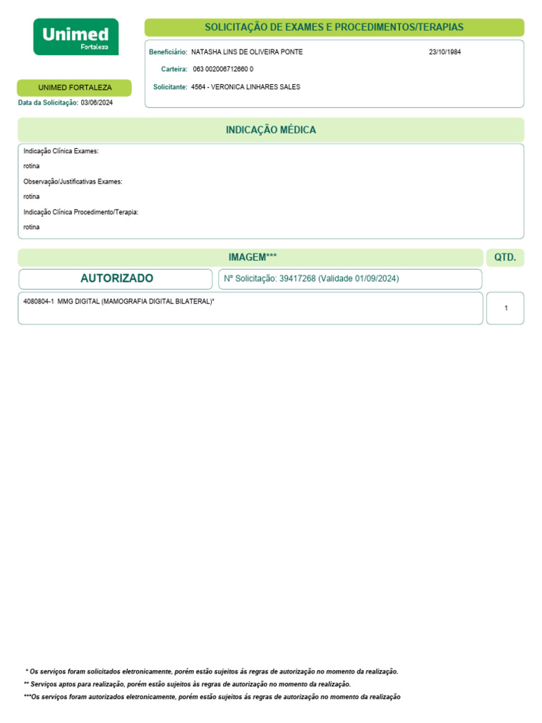 Autorizado: Solicitação de Exames E Procedimentos/Terapias | PDF