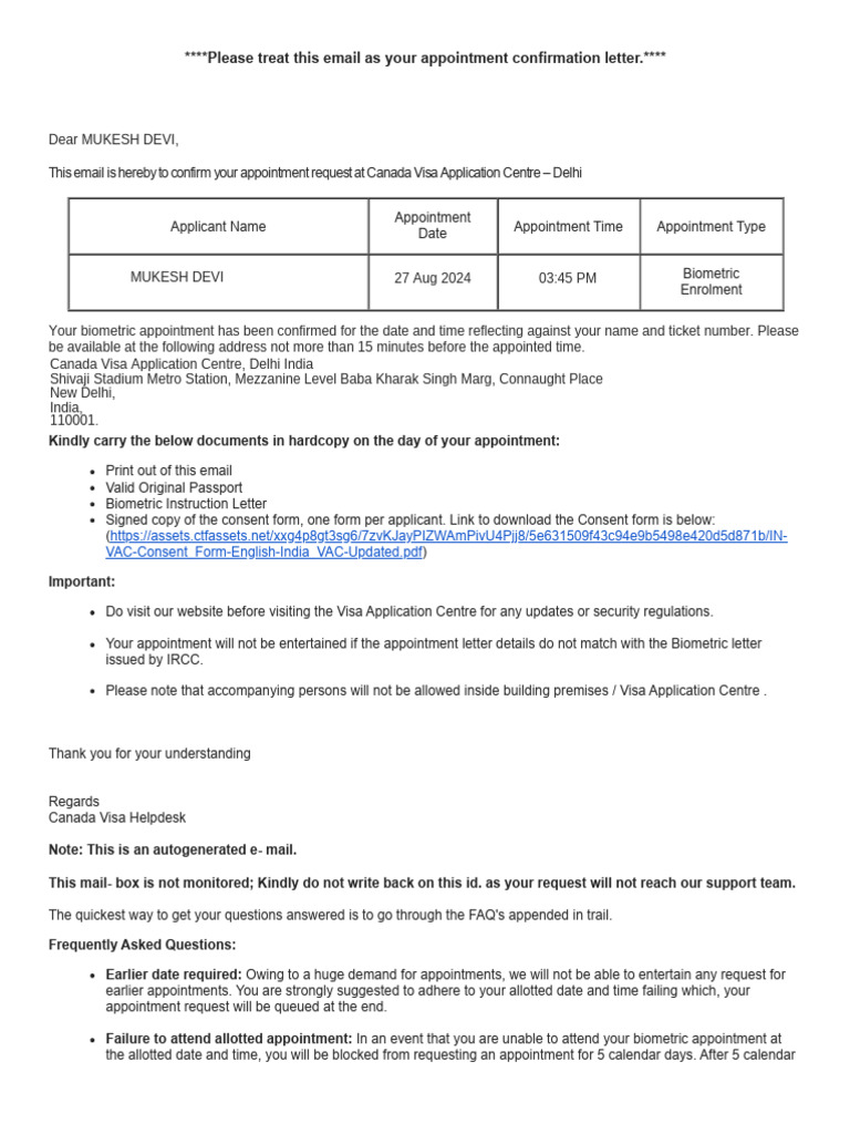 Biometric Appointment Letter - Do Not Reply - MUKESH | PDF | Travel ...