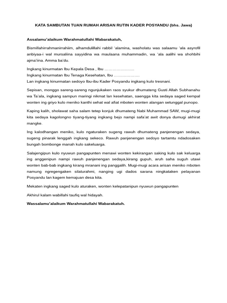 Kata Sambutan Tuan Rumah Arisan Rutin Kader Posyandu | PDF