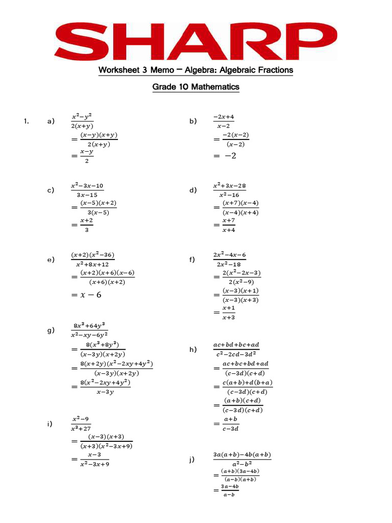 Worksheet 3 Memo - Algebraic Fractions | PDF | Mathematics | Algebra