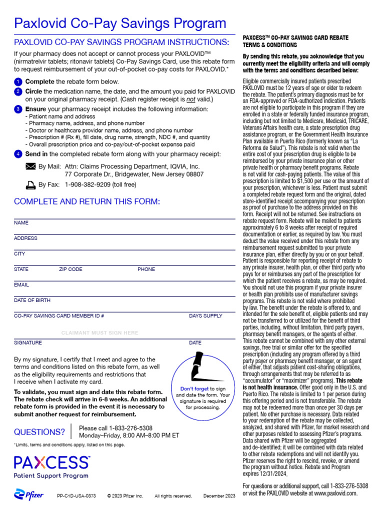 PAXLOVID Co-Pay Rebate Form | PDF | Rebate (Marketing) | Prescription Drugs