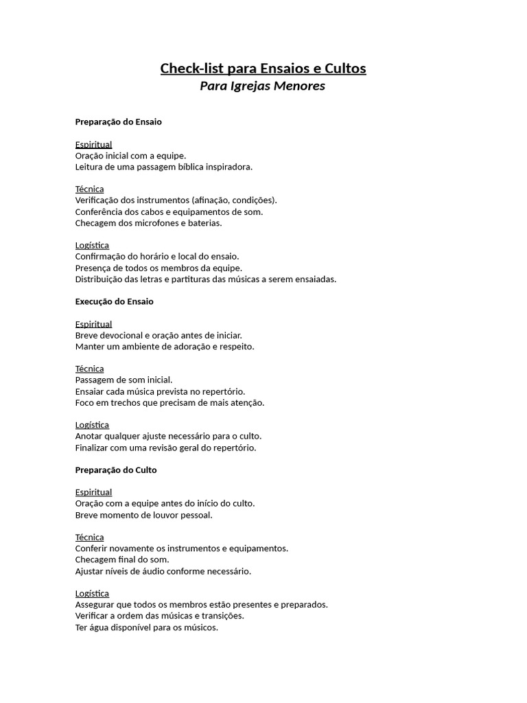 Check List para Ensaios e Cultos | PDF