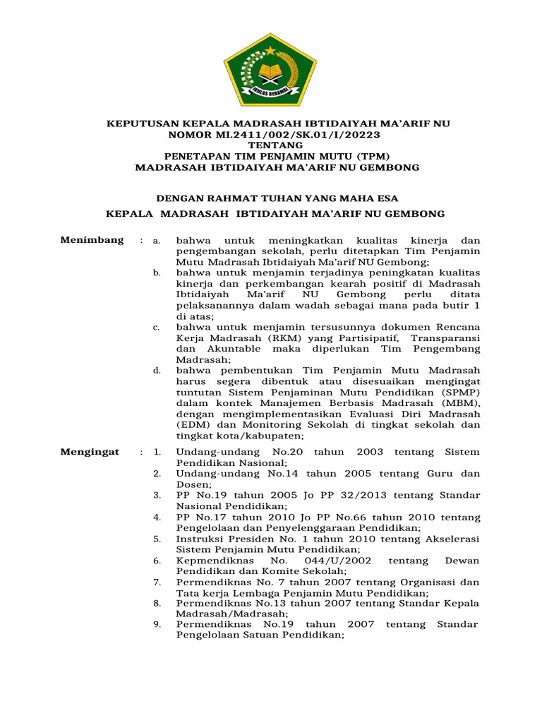 Contoh SK Tim Penjaminan Mutu Madrasah | PDF | Karier & Perkembangan