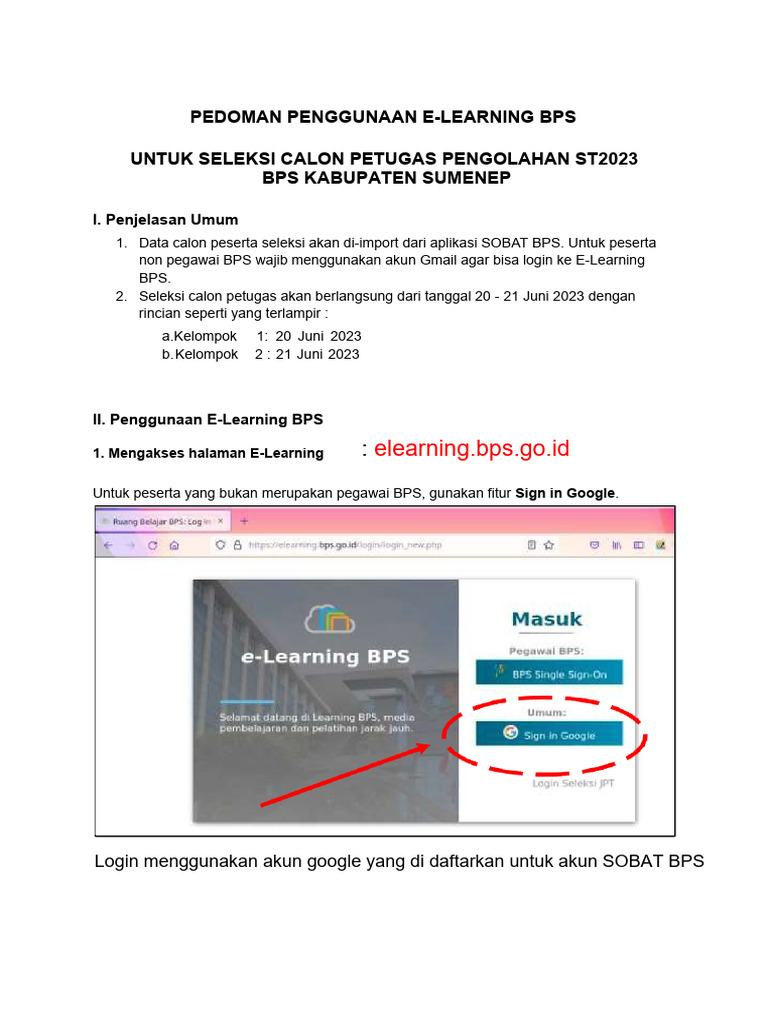 Pedoman Penggunaan E-Learning Seleksi Calon Petugas Pengolahan St2023 - Sumenep | PDF