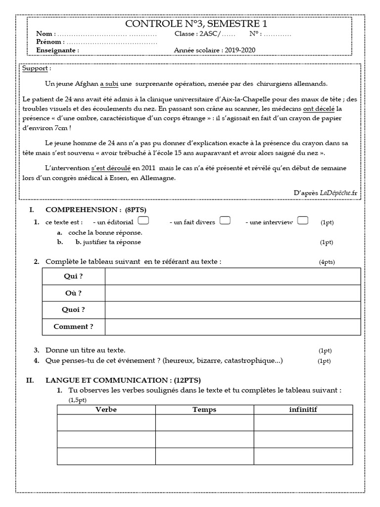 Contrôle N°3 Version 1 ASC | PDF | Linguistique