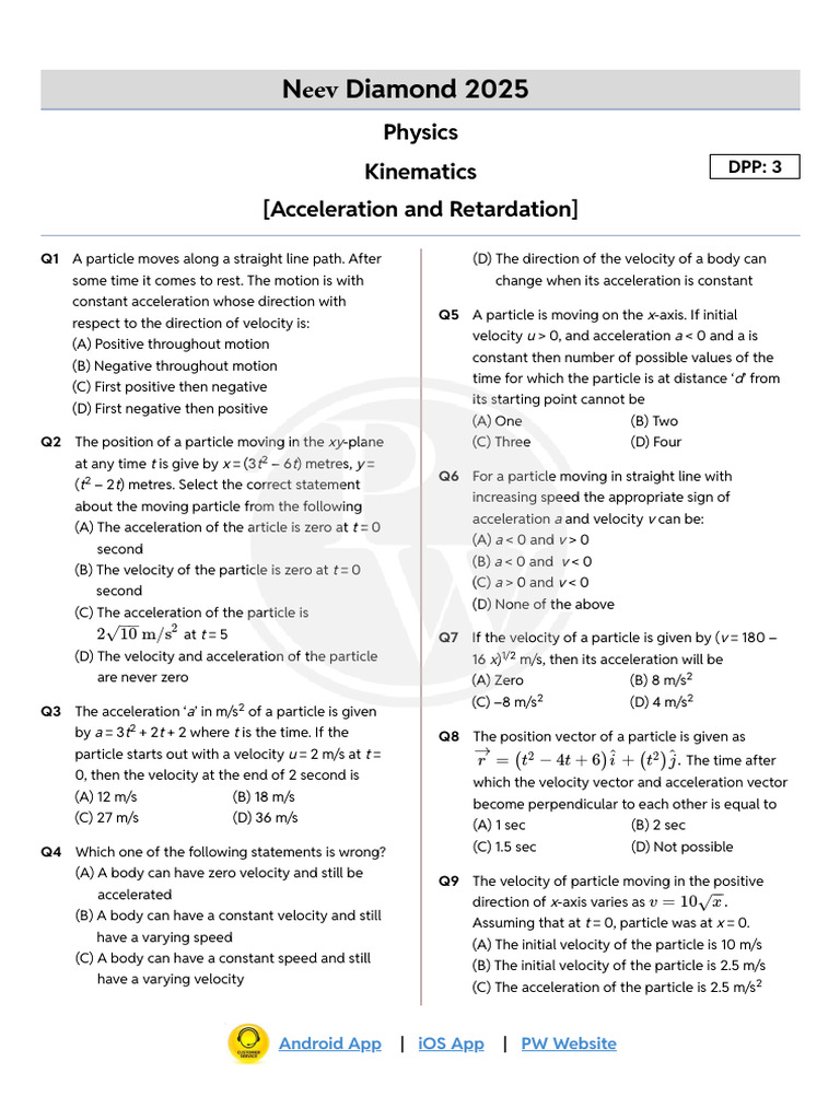 66c6fe8c14bc74db57fbc800 - ## - Kinematics - DPP 03 (Of Lec 04) - Neev Diamond 2025 | PDF