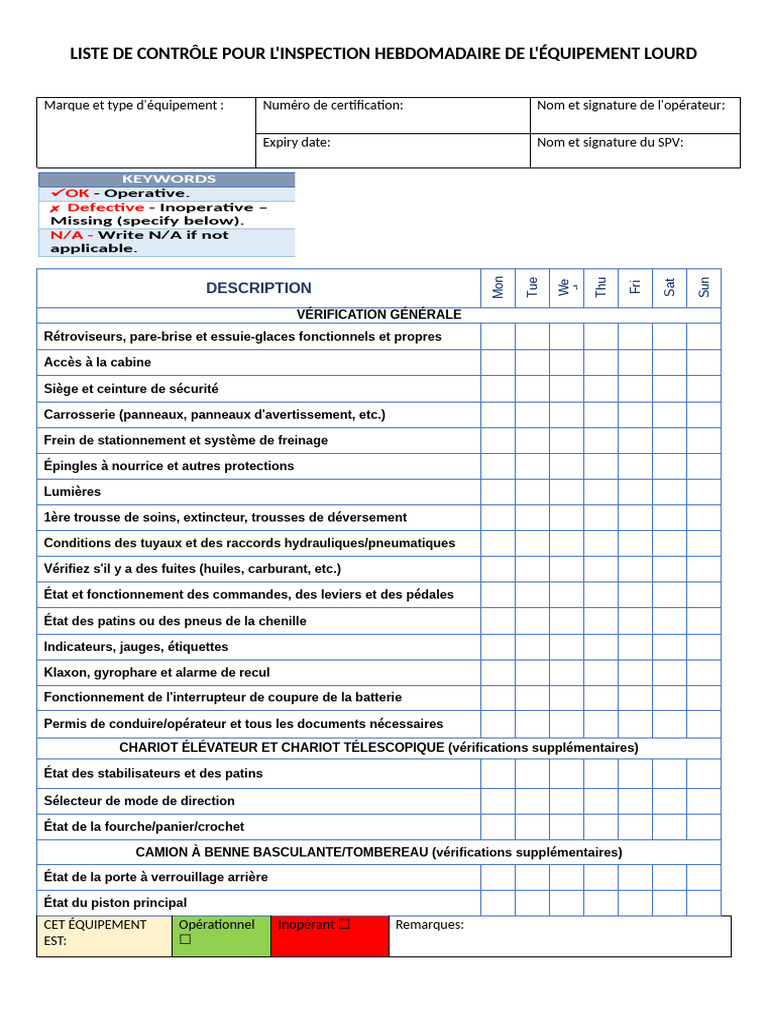 Heavy Equipment Weekly Inspection Form Franch | PDF