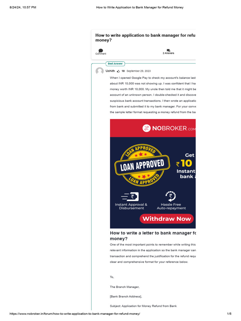 How To Write Application To Bank Manager For Refund Money | PDF