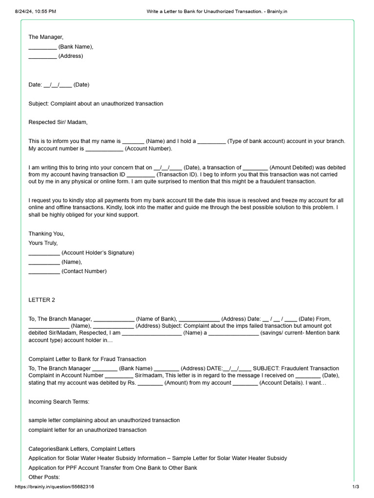 Write a Letter to Bank for Unauthorized Transaction. - Brainly.in | PDF