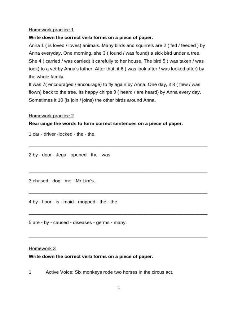 Active and Passive Voice - Homework Practice 1 | PDF