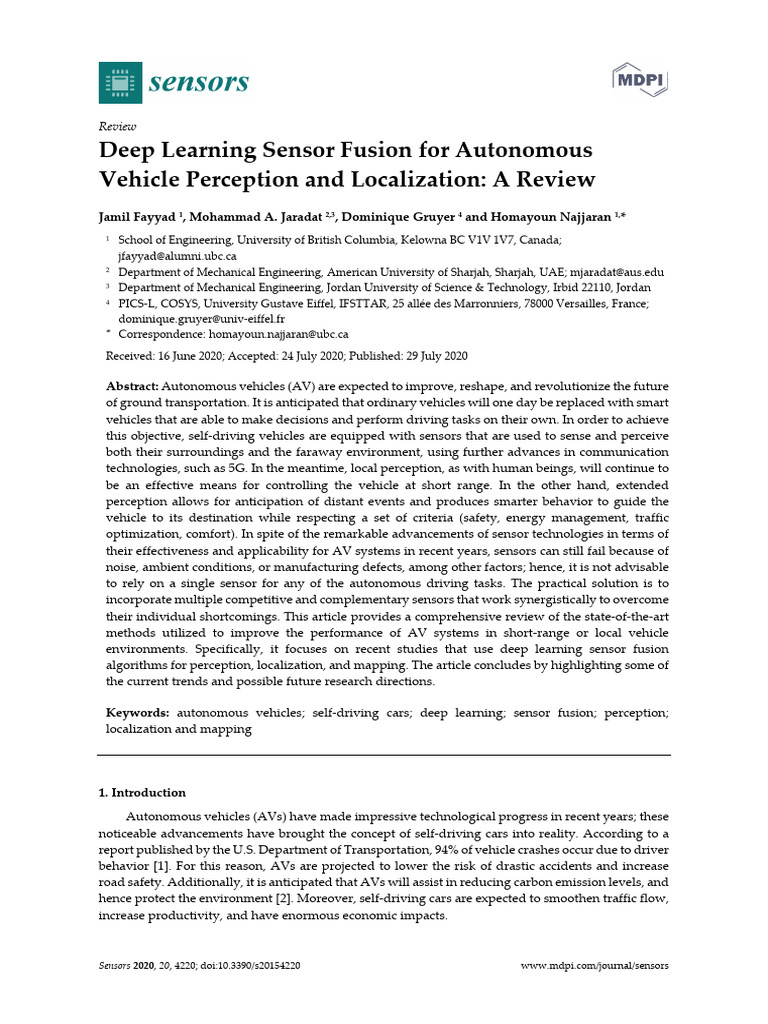 Deep Learning Sensor Fusion For Autonomous Vehicle | PDF | Artificial Neural Network | Computer ...