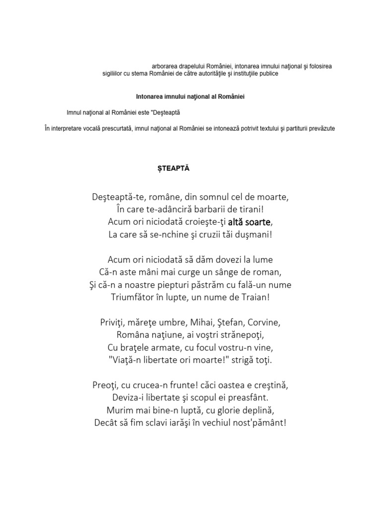 Imnul Statului Roman - Desteapta-Te Romane Versuri | PDF