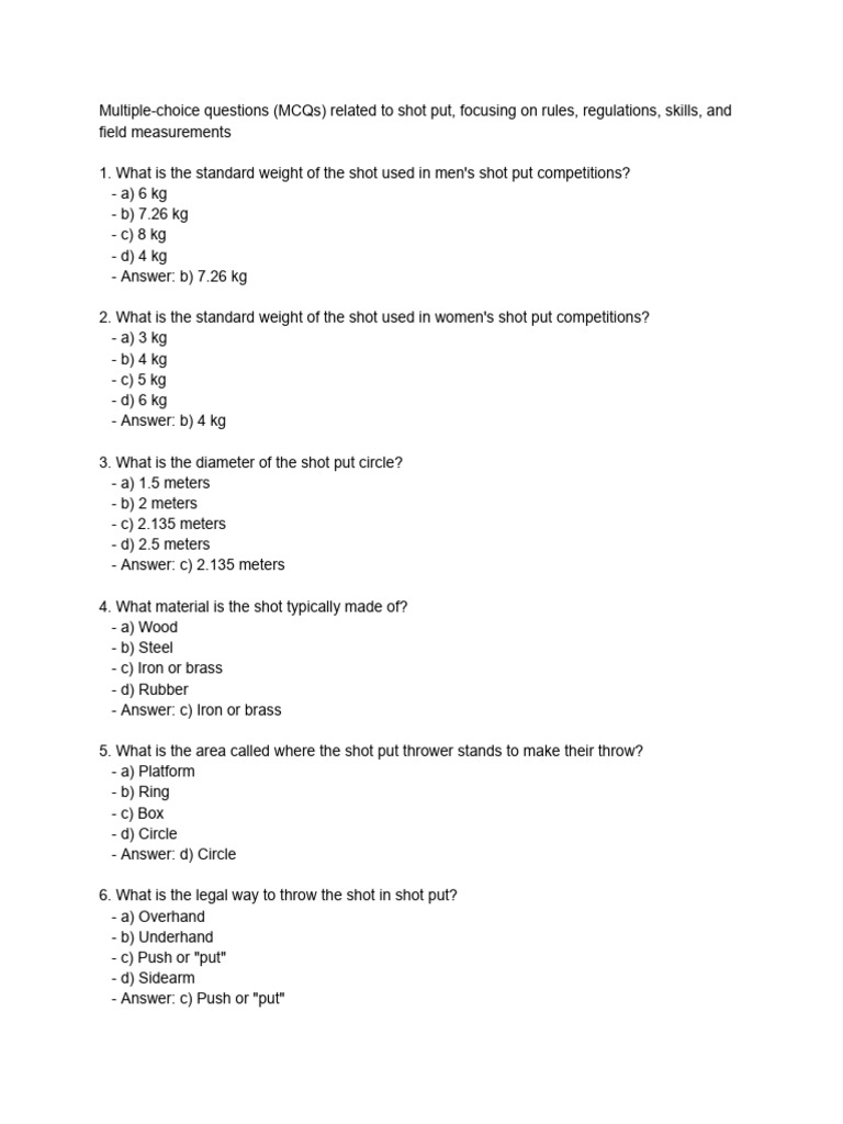 Multiple-Choice Questions (MCQS) Related To Shot Put, Focusing On Rules ...