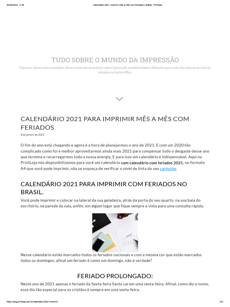Calendário 2021 - Imprimir Mês A Mês Com Feriados (Grátis) - Printloja ...