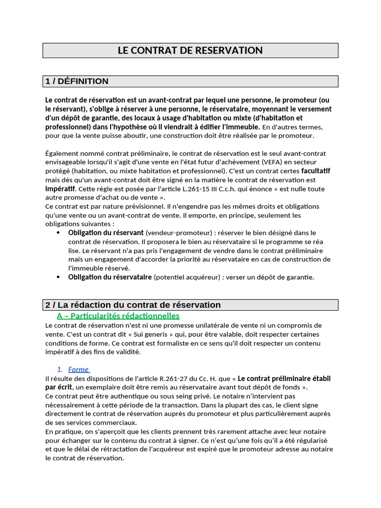 Dossier Étudiant Le Contrat de Réservation | PDF