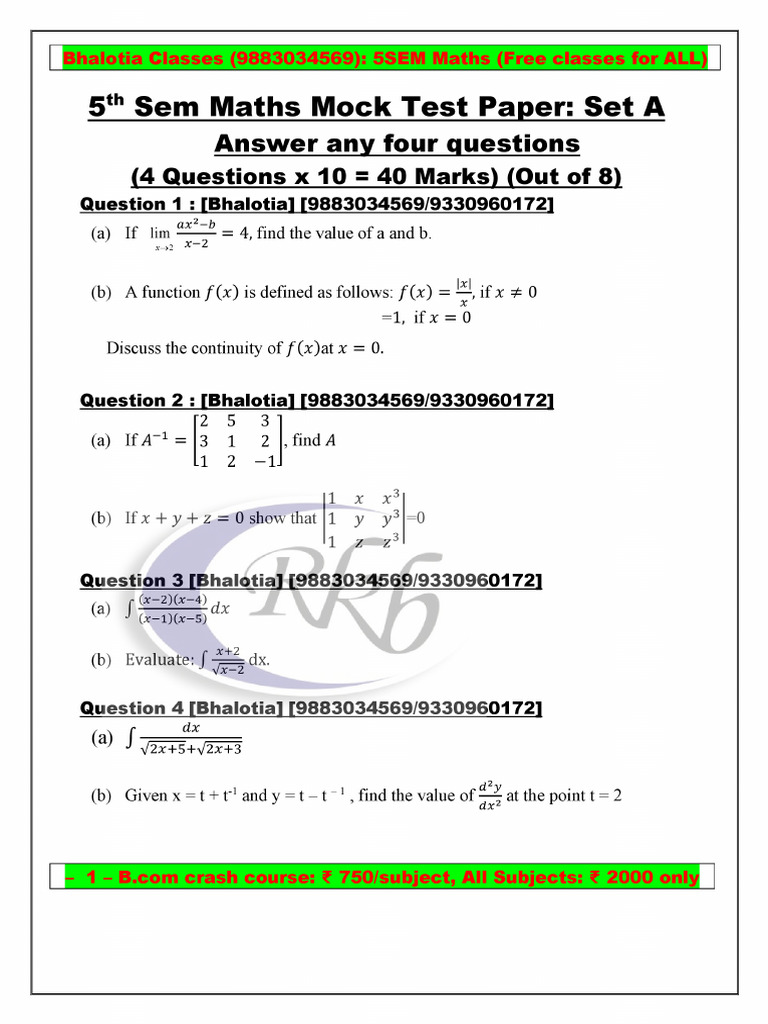 Maths 5sem Mock Test Paper | PDF