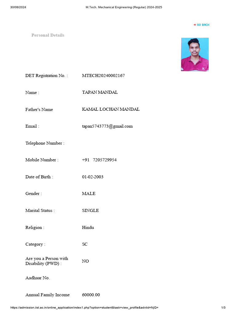 Tapan Mandal M Tech Admission Form | PDF | Qualifications