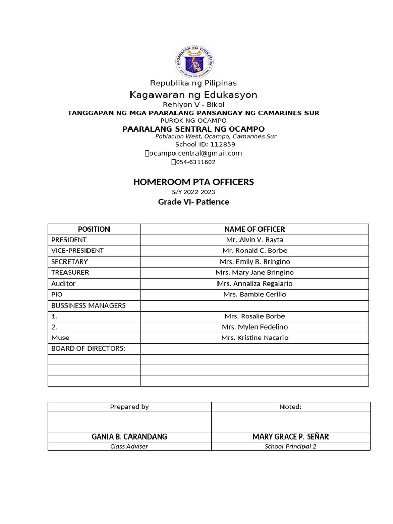 HRPTA OFFICERS 2022-2023 Patience | PDF